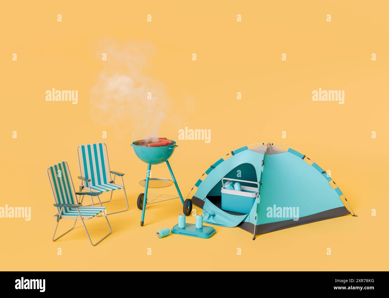 3D rendering of a campsite with smoke rising from a BBQ grill, a blue ...