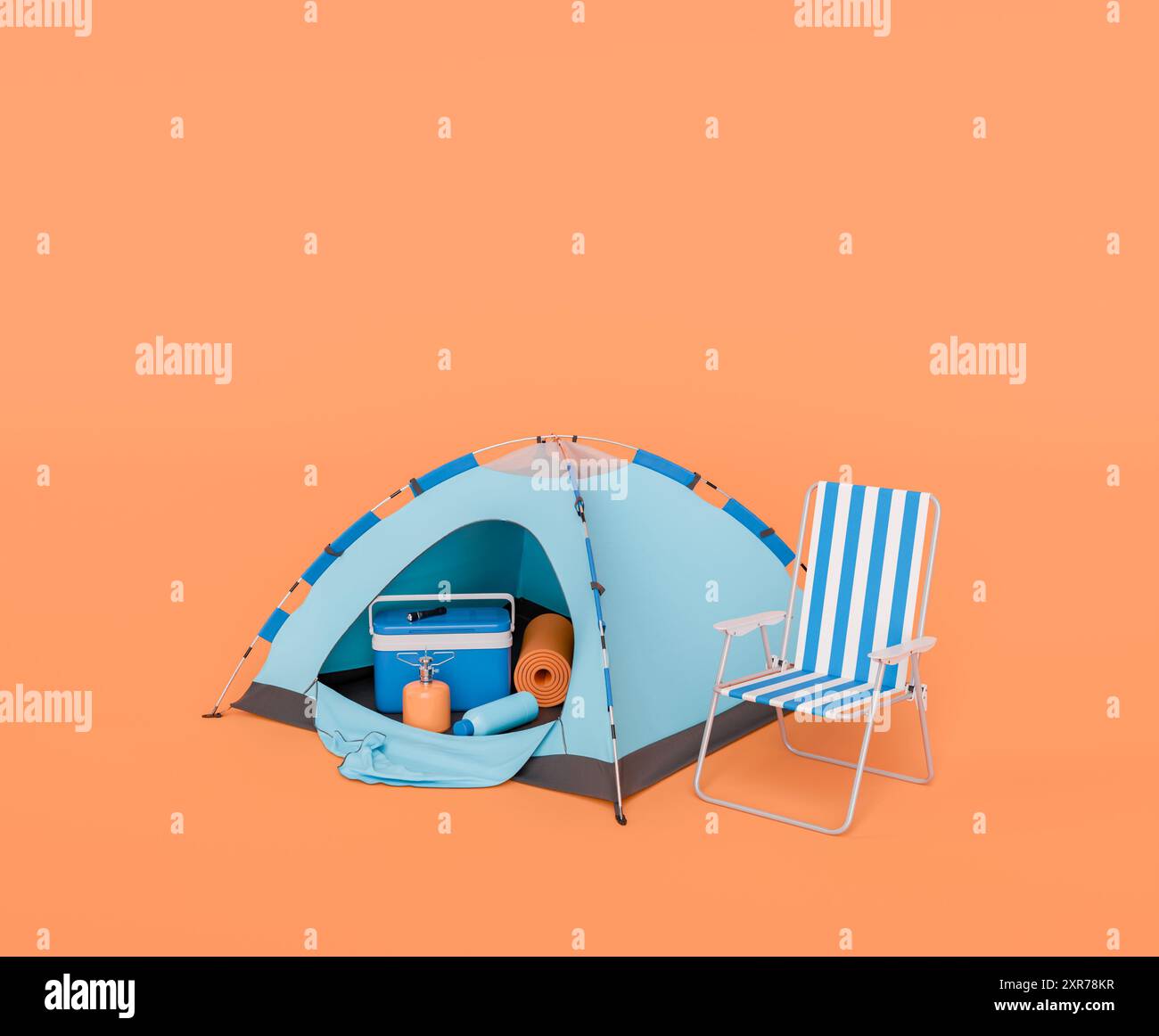 3D rendering of a blue camping tent with a mat, cooler, and lantern ...