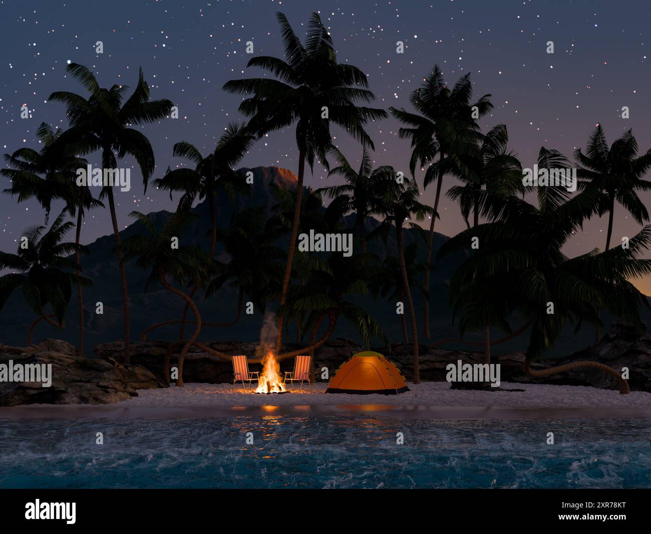 3D rendering of a night camping scene on a tropical beach with a tent ...