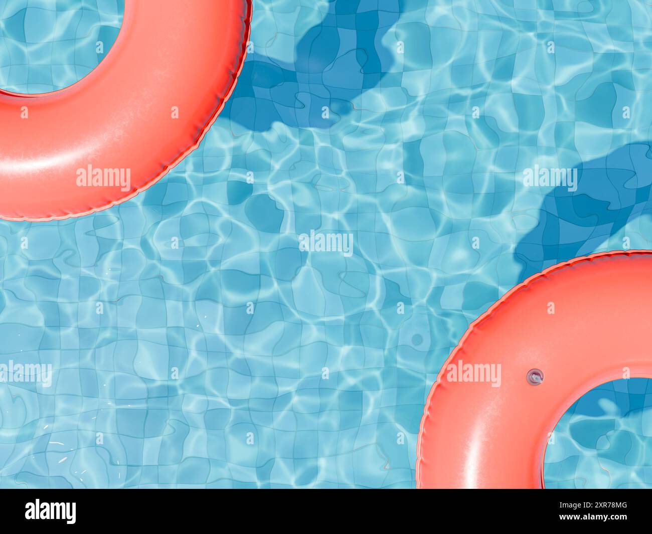 3D rendering of two red-colored swim rings on the shimmering surface of ...
