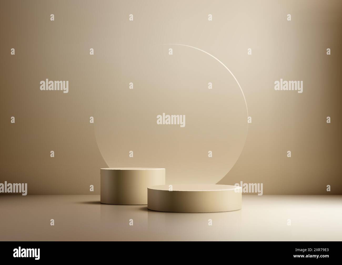3D Beige Cylindrical Podiums on Reflective Surface with Glass Backdrop ...