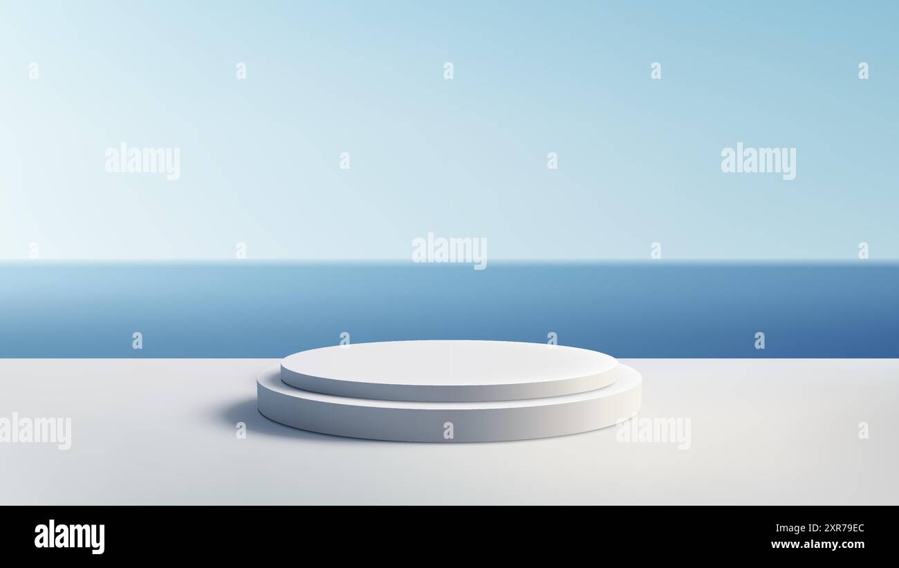 Minimalist 3D White Podium on White Surface with Serene Blue Ocean and ...