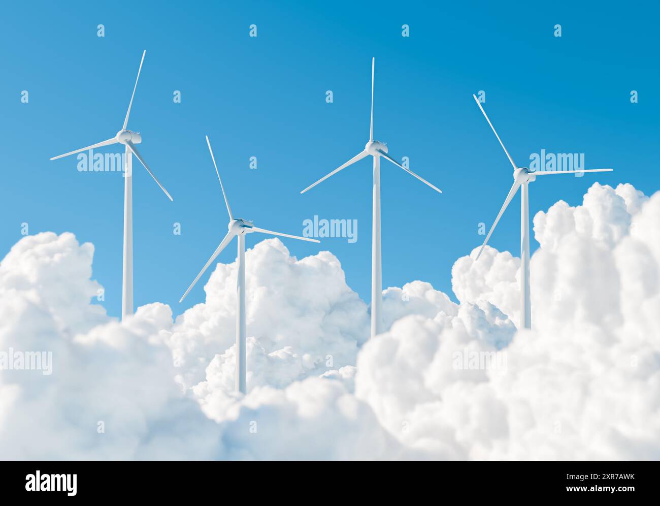 3D rendering of wind turbines extending into the blue sky above a bed ...
