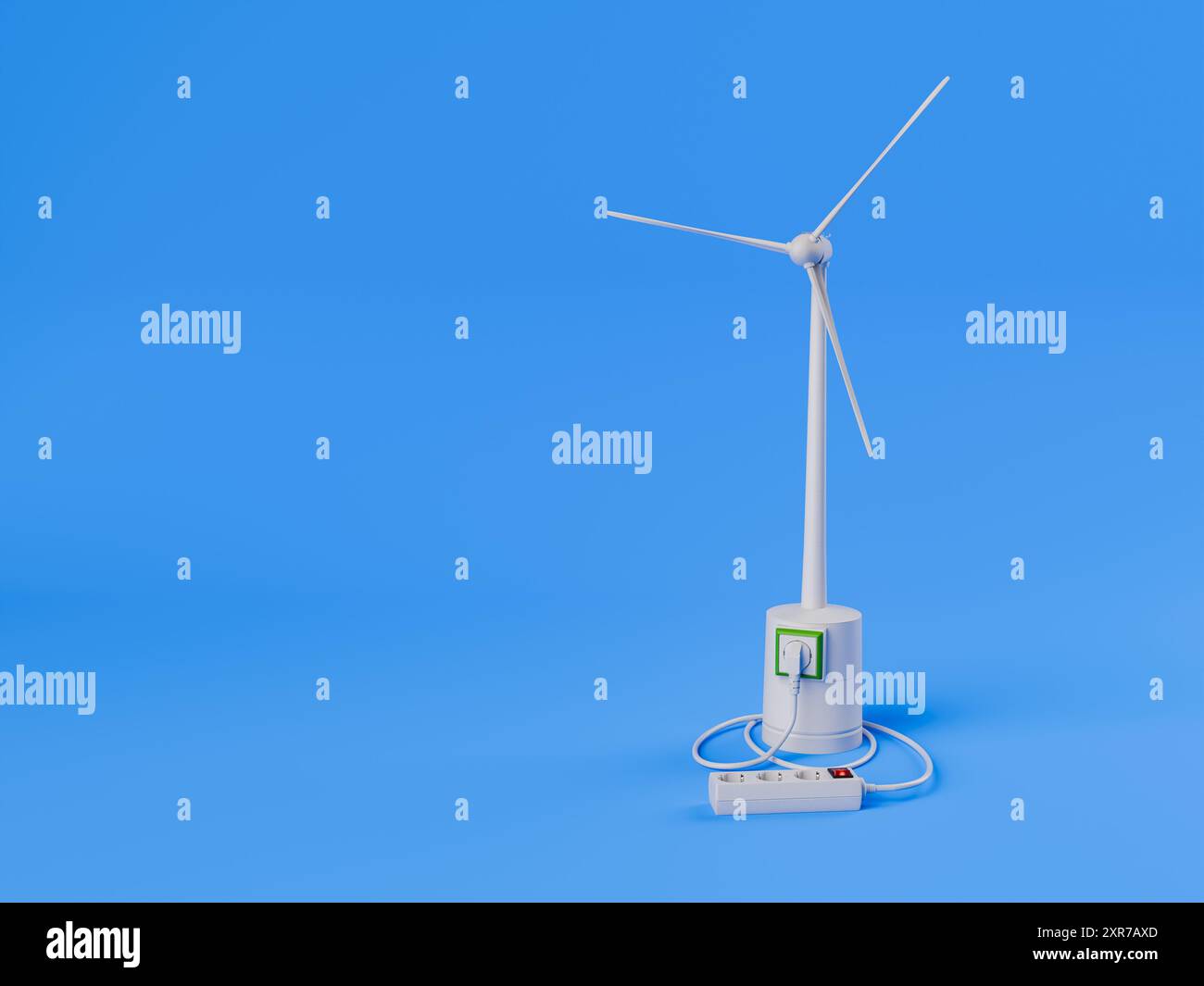 miniature wind turbine with a power strip connected on a blue studio ...