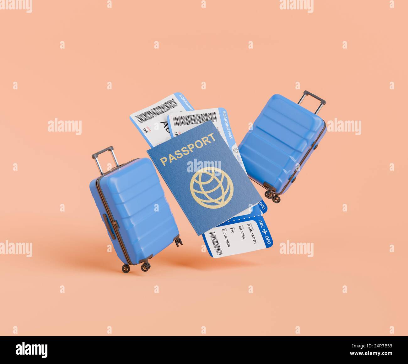 boarding passes inside a passport with two suitcases on the sides on a ...