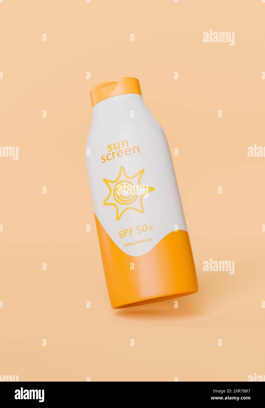 White sunscreen bottle with SPF 50 label and orange cap, poised on a ...