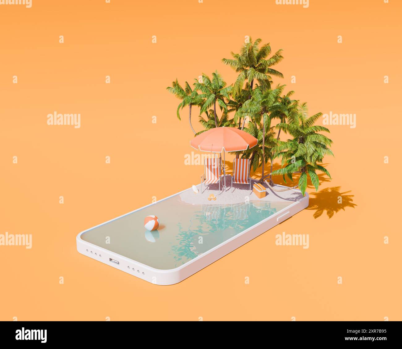 Smartphone transformed into a miniature tropical beach setup with palm ...