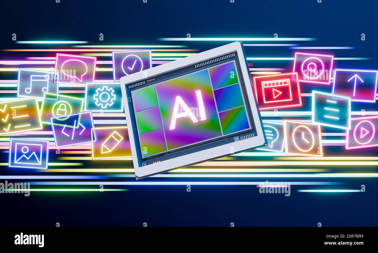 Futuristic AI chip with glowing multicolored lights, surrounded by neon ...