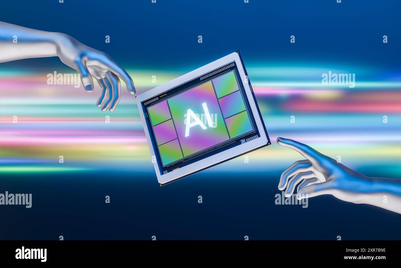 Stylized Hands Reaching Towards An Ai Microchip With Radiant Holographic Colors On A Striped