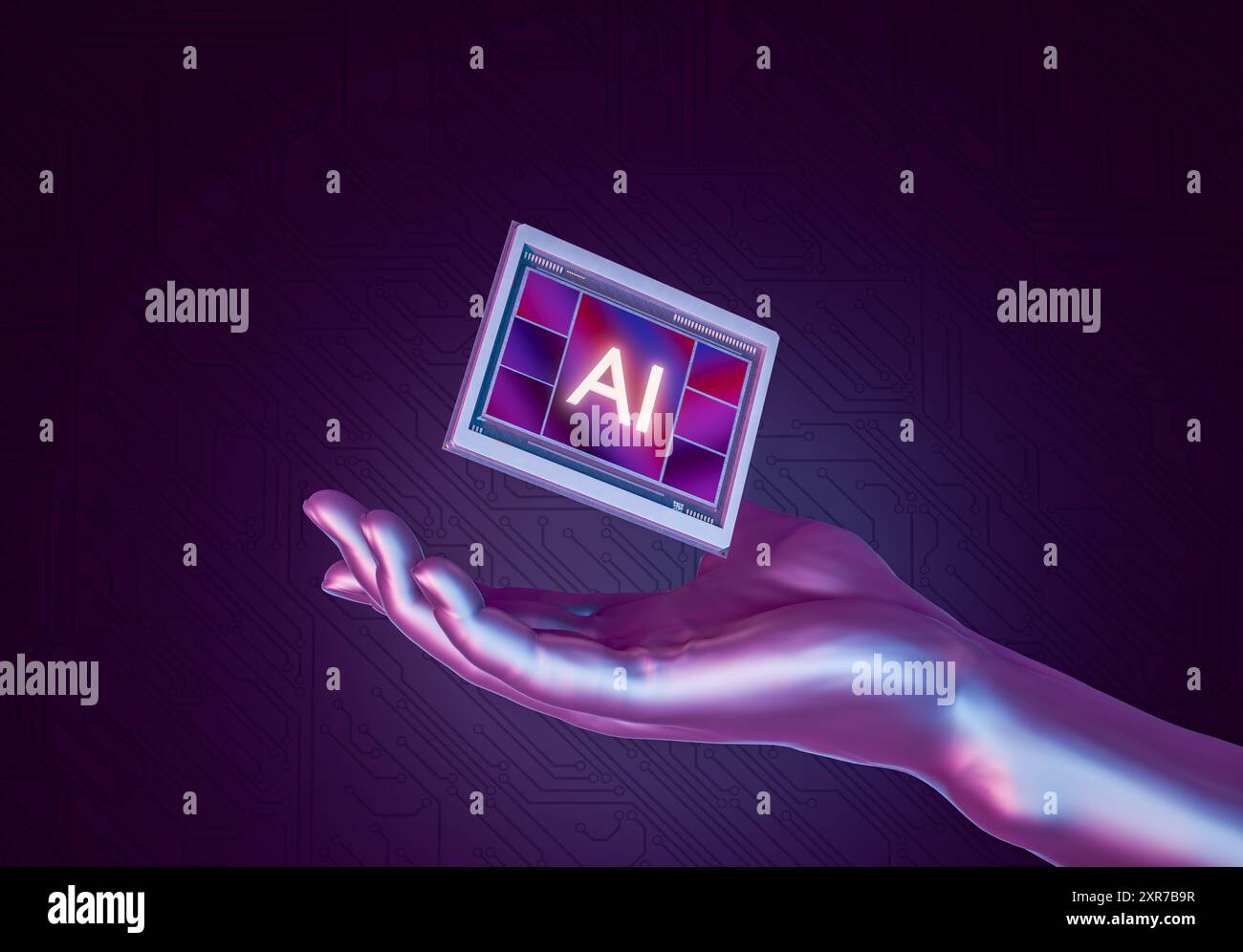 Spectral hand showcasing an AI chip with neon glow against a dark ...