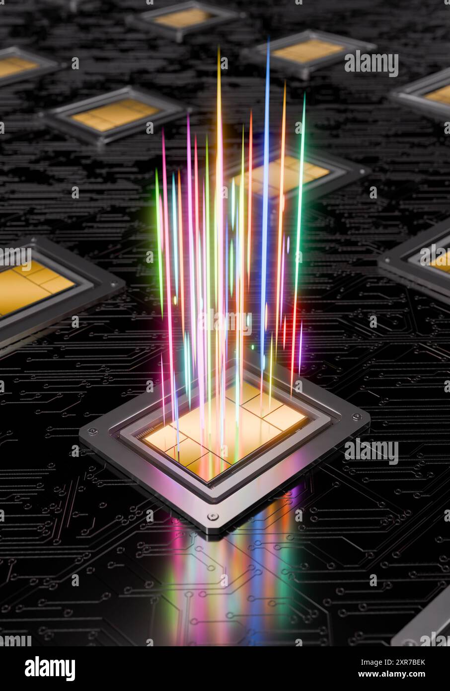 Golden CPU chip with vibrant light beams shooting upward from its core ...