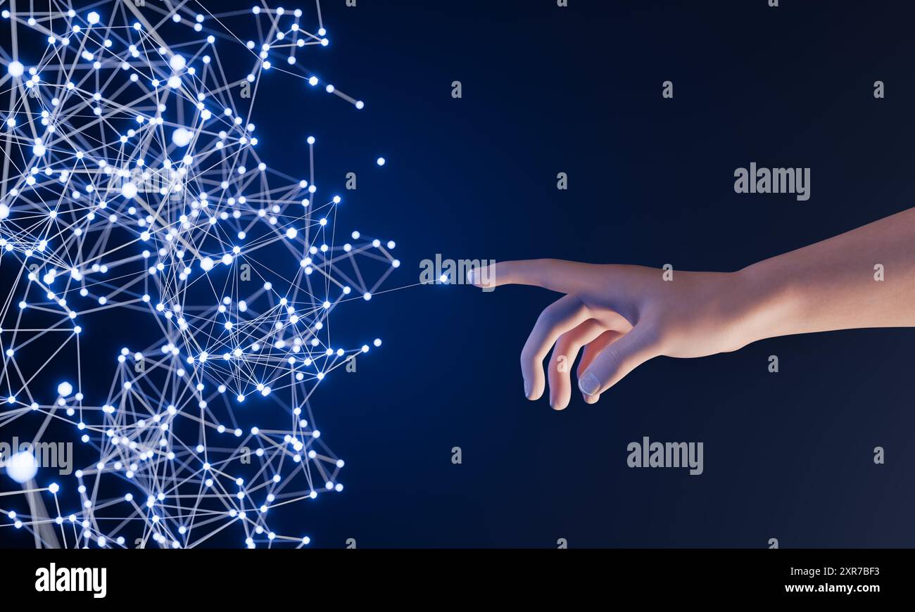 Human hand touching a vibrant network of glowing nodes and connections ...