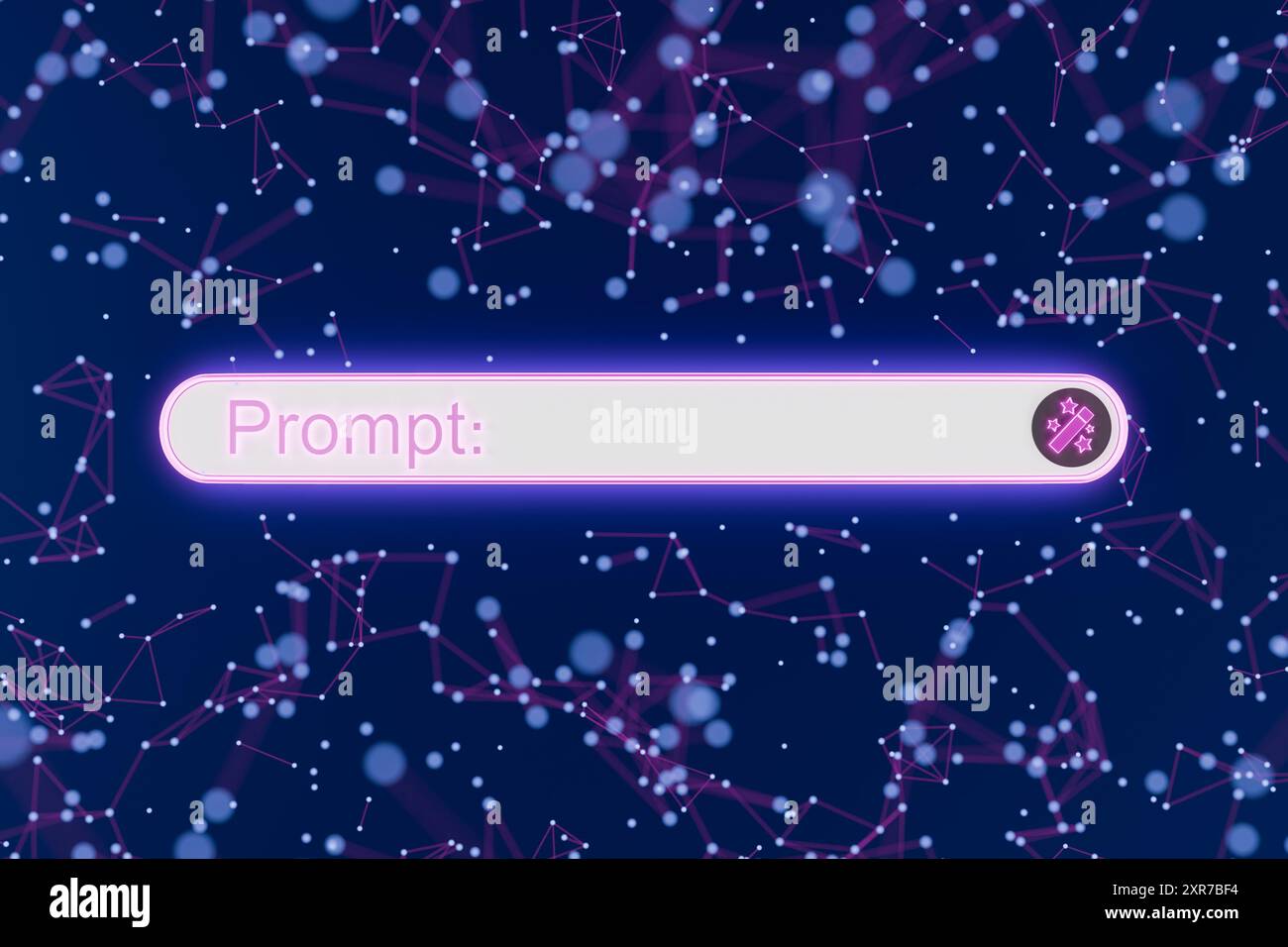 Neon-lit digital prompt command bar floating over a complex abstract network of nodes and ...