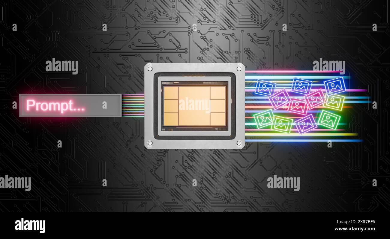 AI chip in the center with a multimedia prompt bar and vibrant neon ...