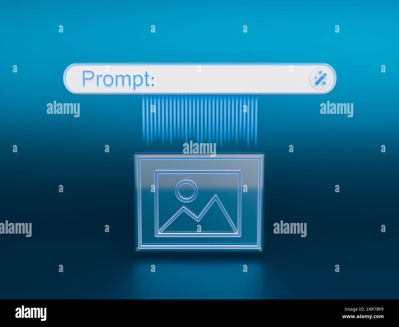 Glowing image icon under a digital prompt bar with cascading data lines ...