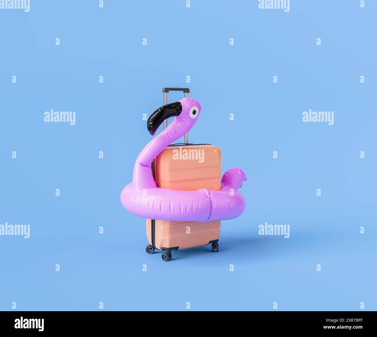 Peach-colored suitcase with a pink flamingo pool float on a vibrant ...
