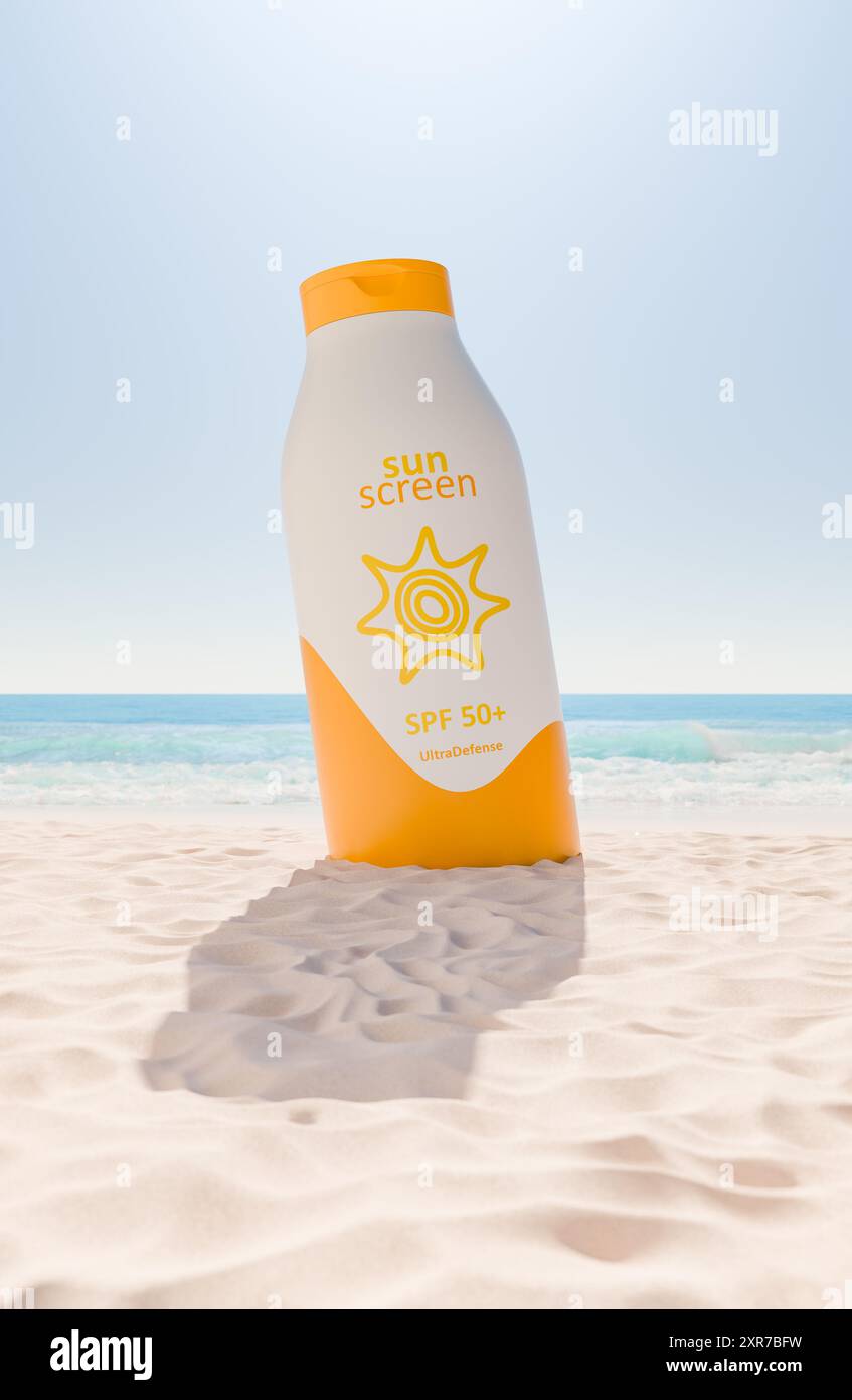 Giant sunscreen bottle labeled SPF 50 on sandy beach with ocean ...