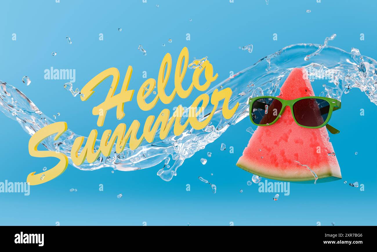 Watermelon slice wearing green sunglasses amidst a dynamic water splash ...