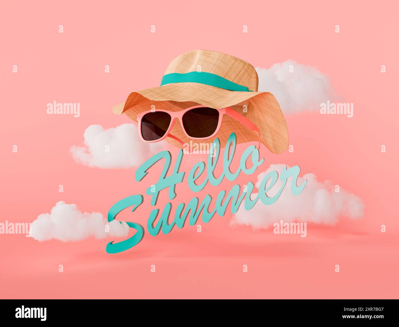 Stylized straw hat and sunglasses above on fluffy white clouds against ...