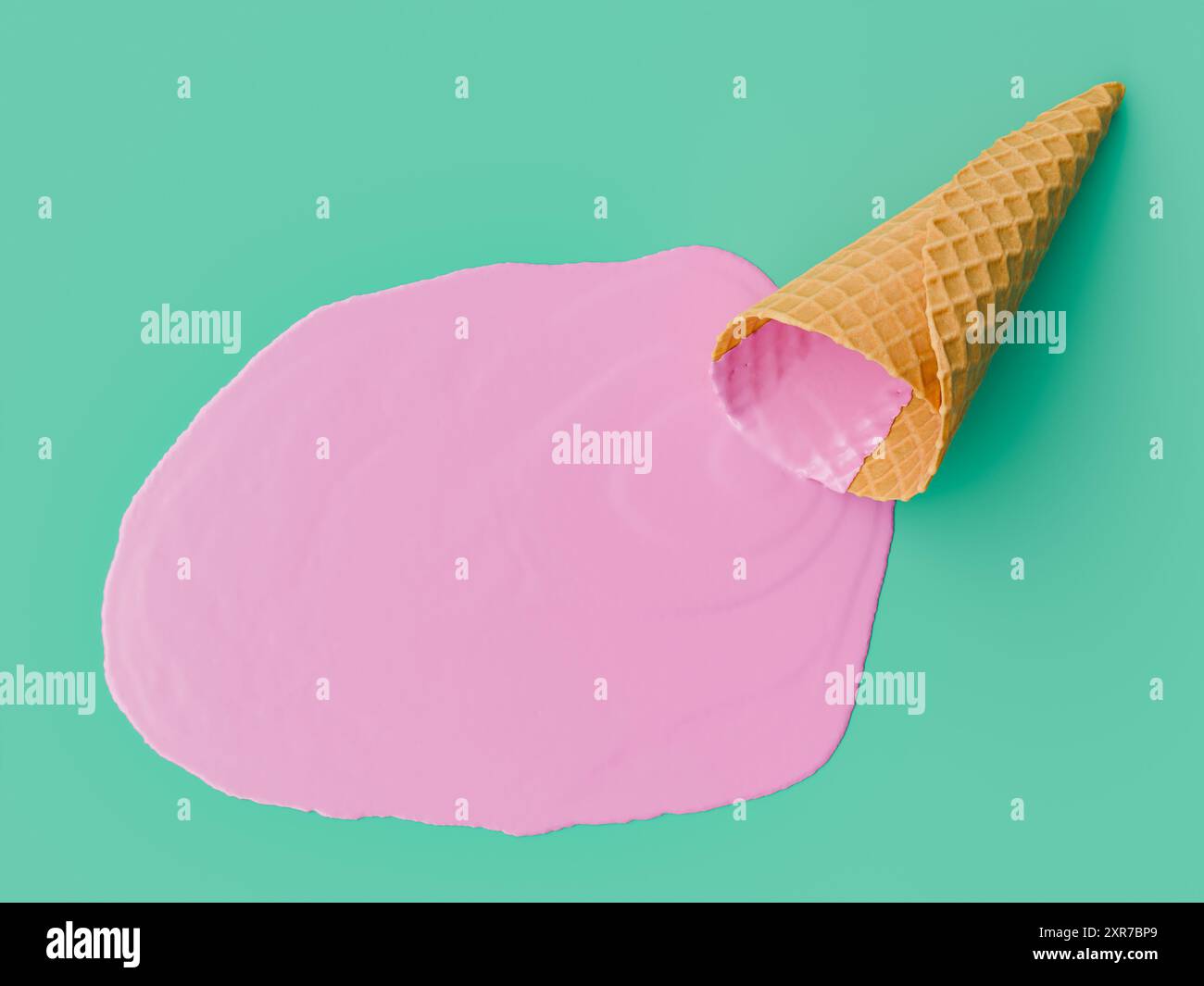 Pink ice cream puddle on a green background with a waffle cone. Summer ...