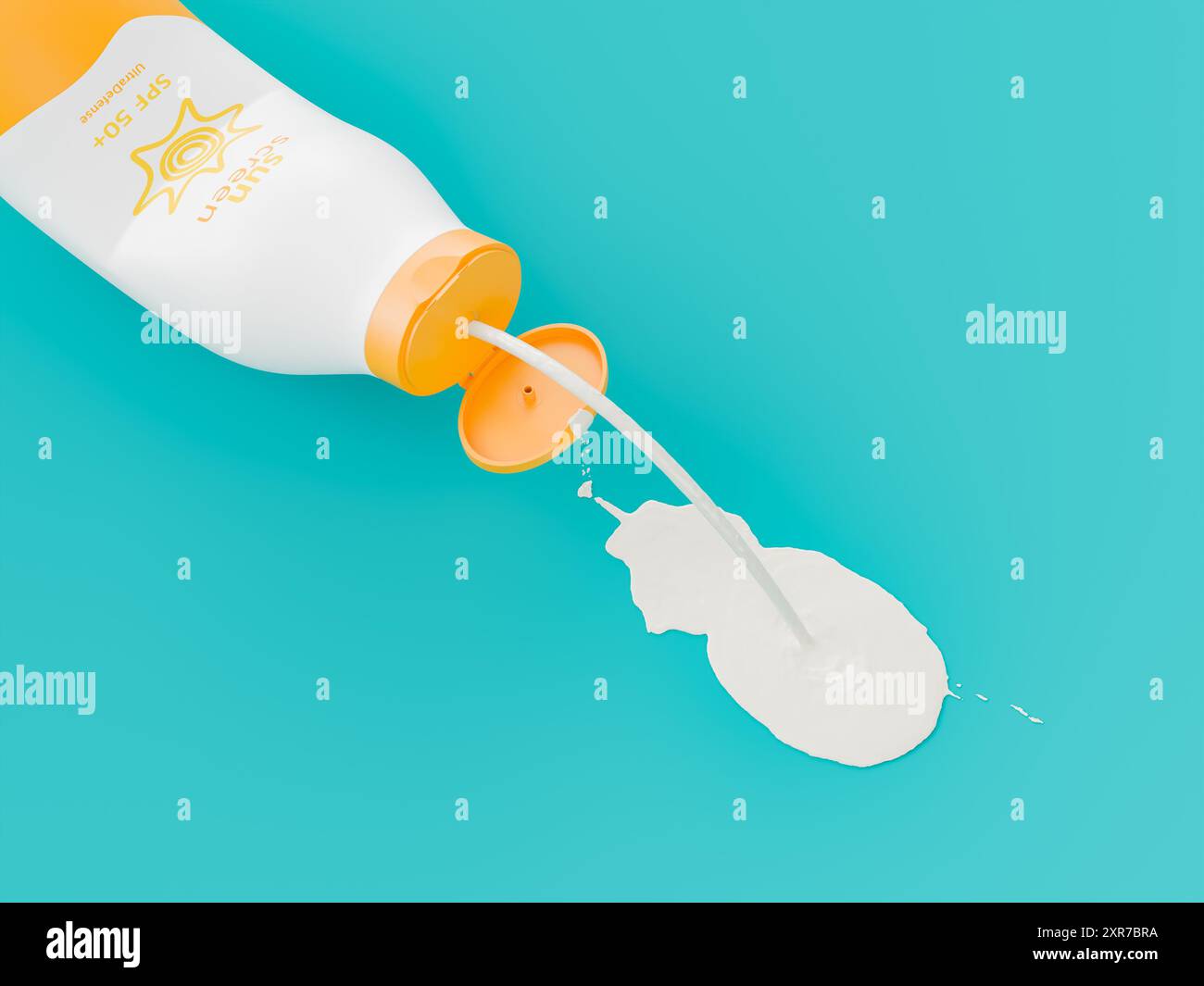 Sunscreen bottle tipping over with its creamy contents spilling out ...