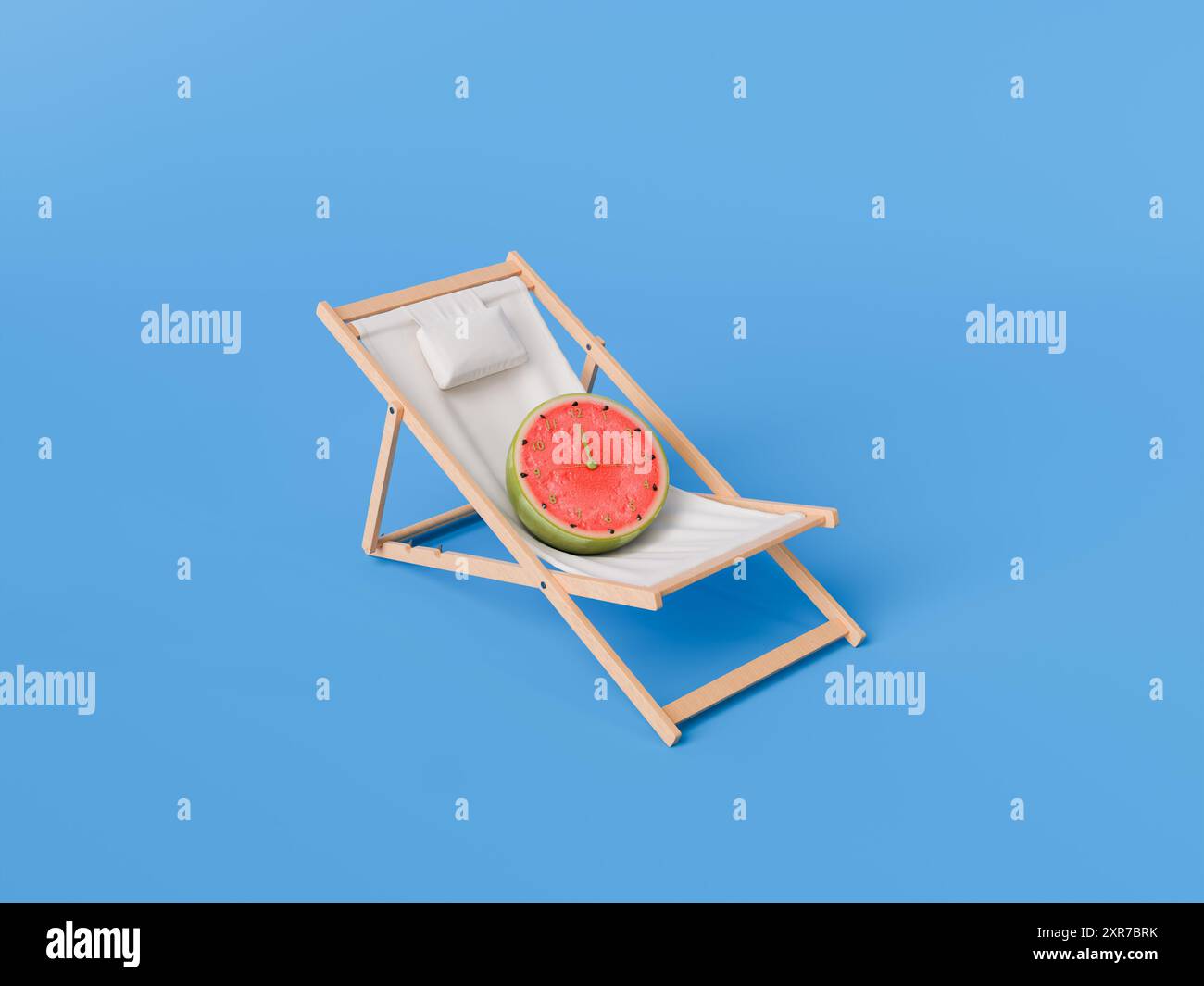 Watermelon slice with clock face placed on a beach chair against a blue ...