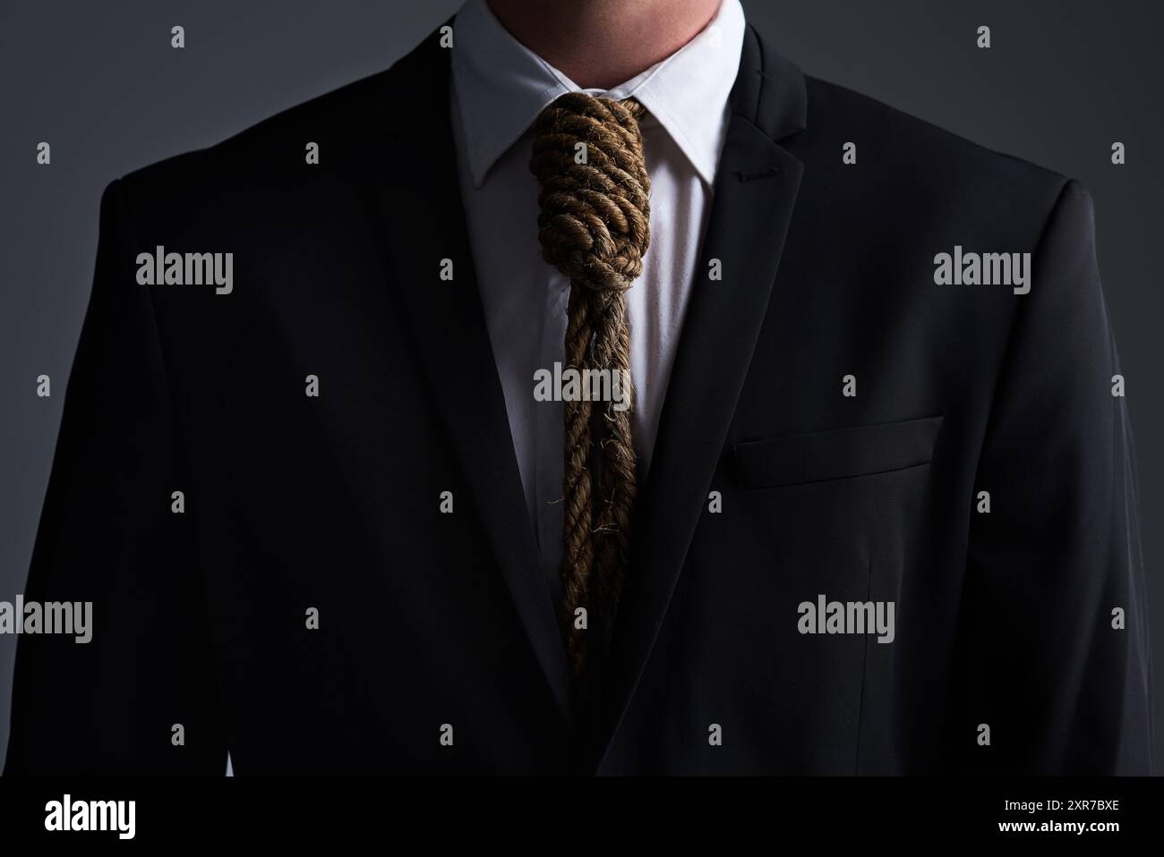 Businessman, rope and noose tie with corporate stress, finance debt and ...