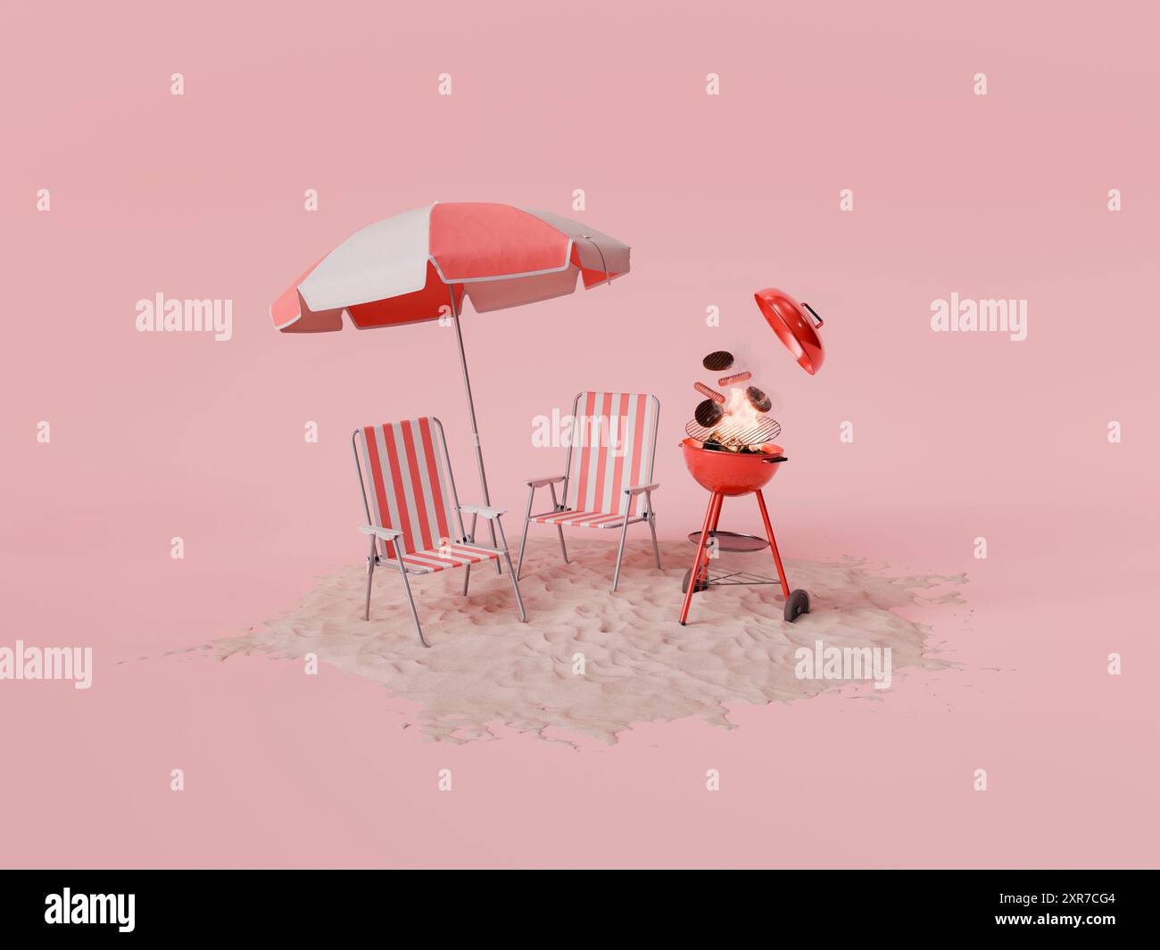 A BBQ grill with flying food positioned under a red and white umbrella ...