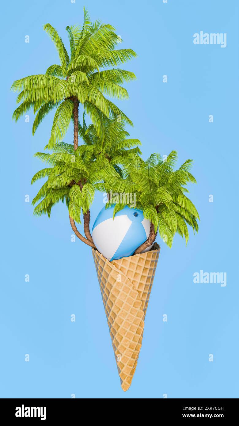 Creative composition of palm trees and a blue-and-white beach ball ...