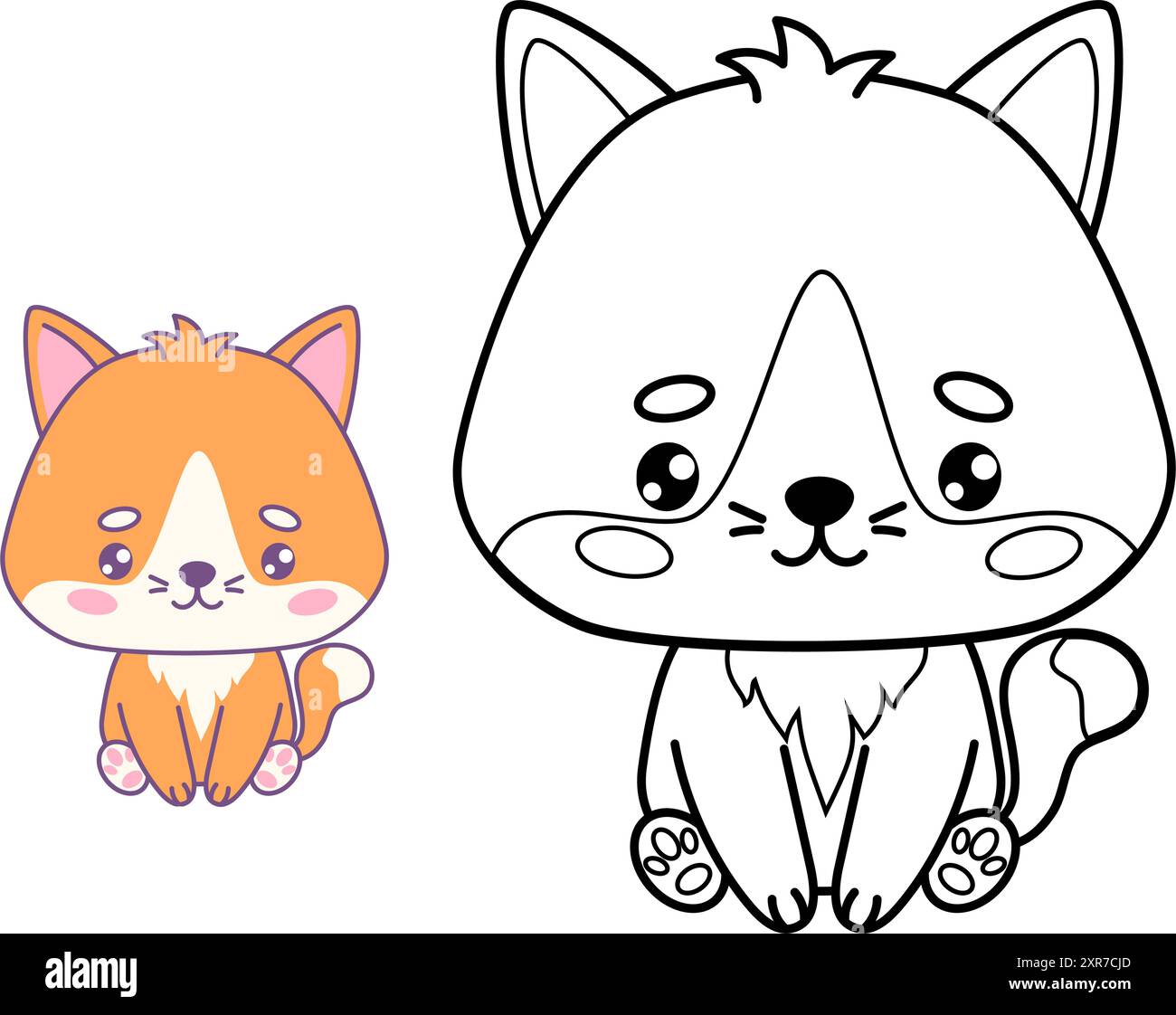 Cute red cat. Outline cartoon kawaii animal character. Line drawing ...