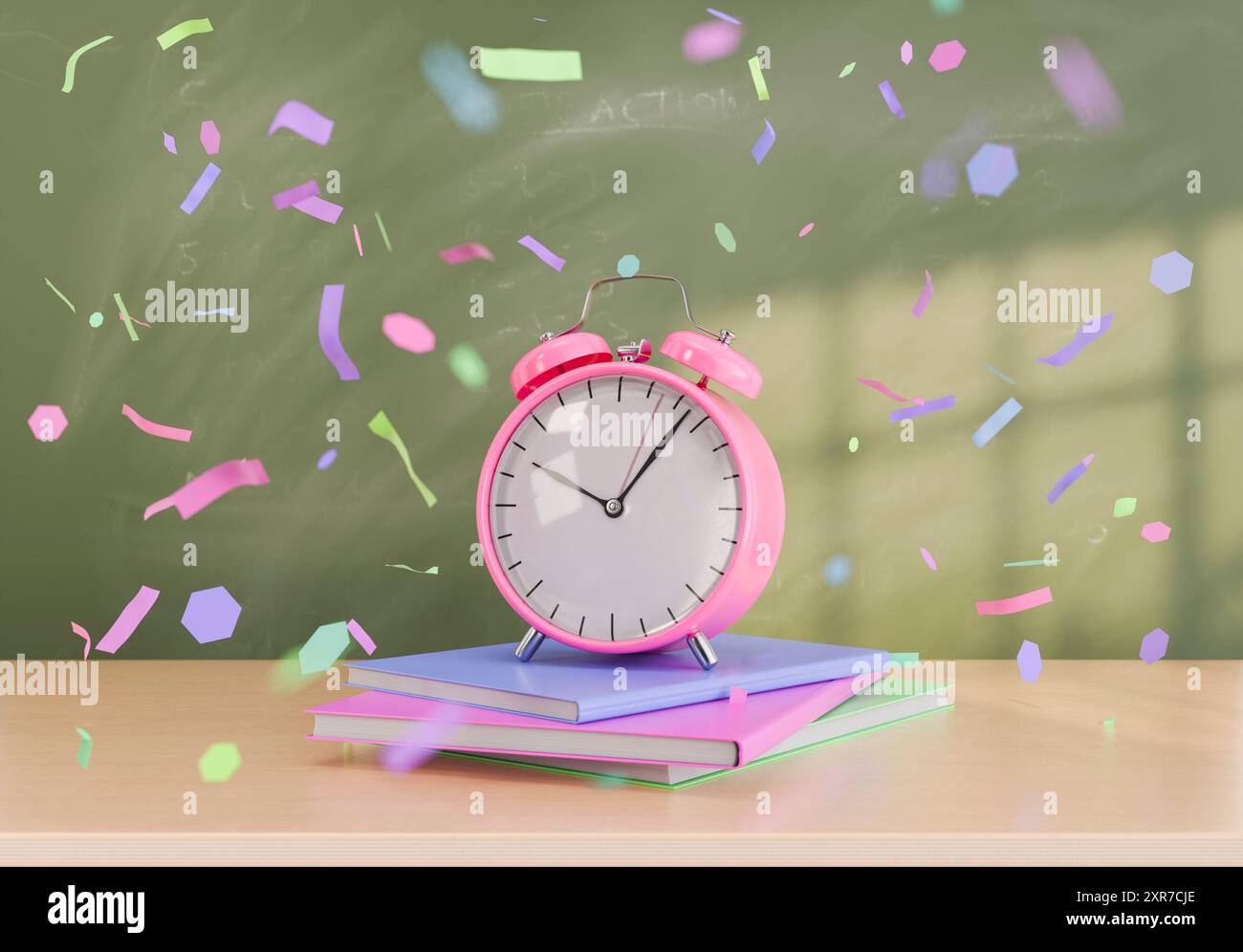 A pink alarm clock rests on top of stacked books with colorful confetti ...