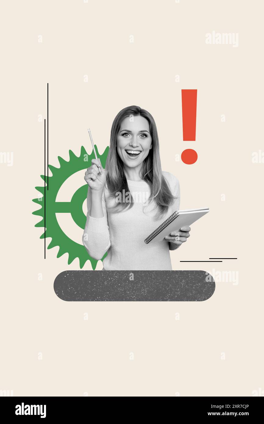 Vertical collage young cheerful woman copybook pencil attention ...