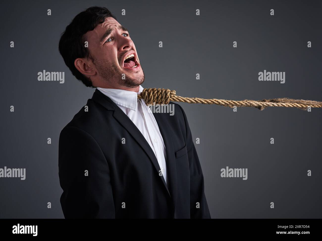 Businessman, scream and noose tie with corporate stress, finance debt ...