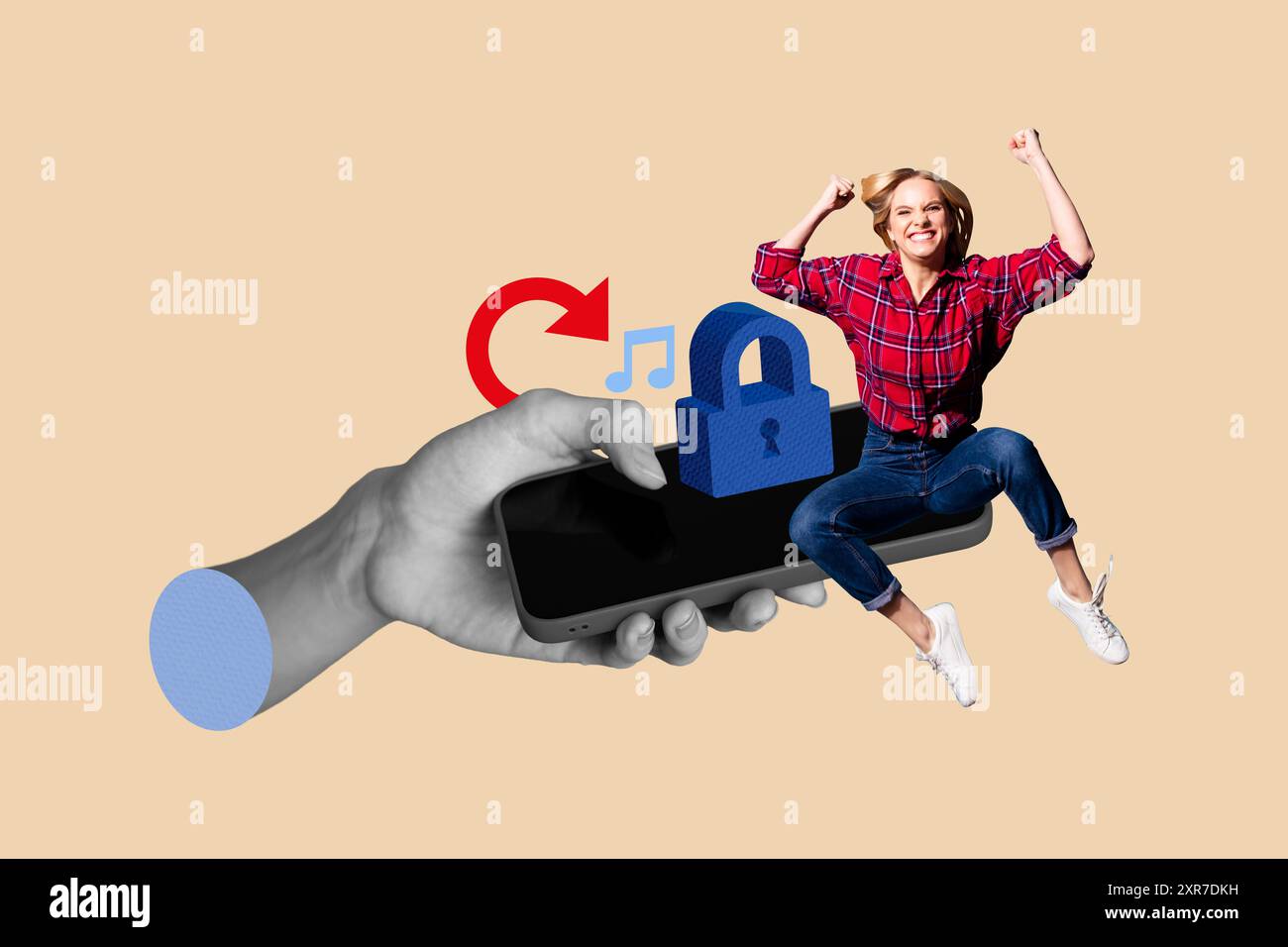 Creative trend collage of funny female winning celebrate lock sign in ...