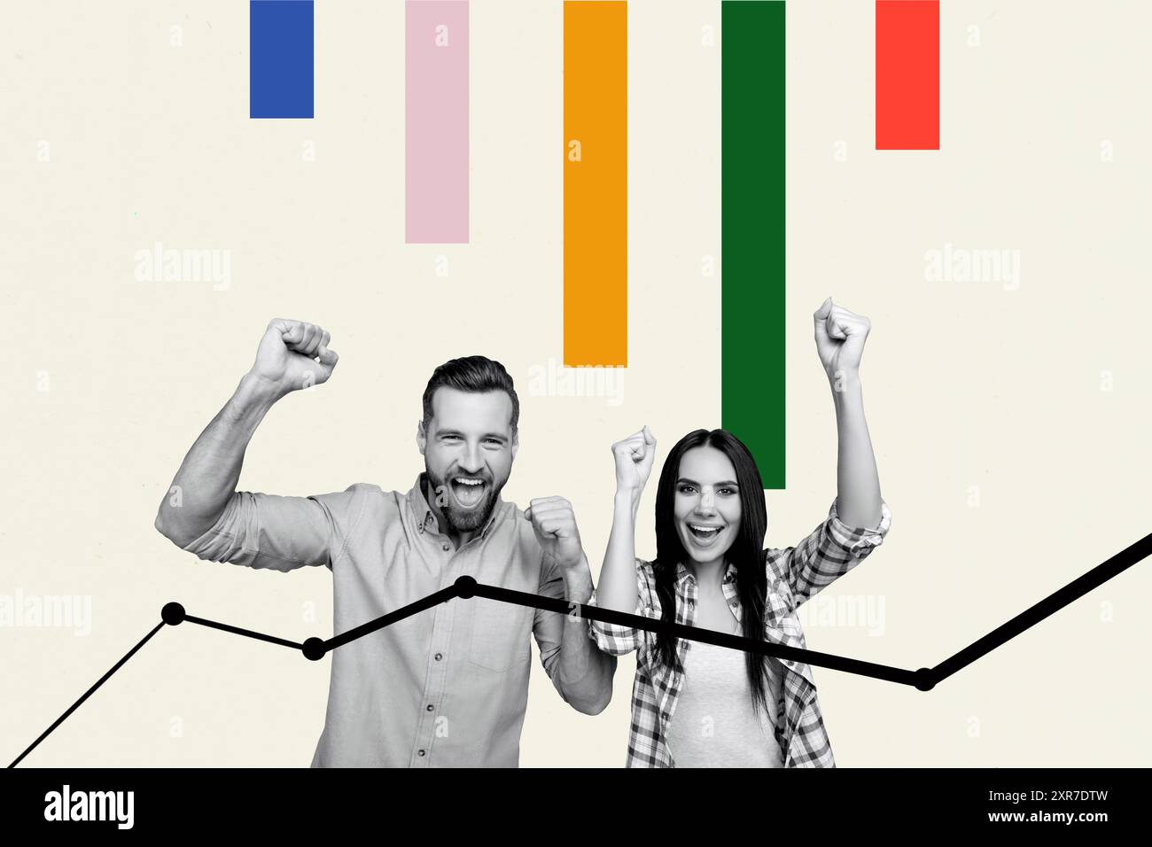 Creative collage image young man woman colleagues achieve success ...