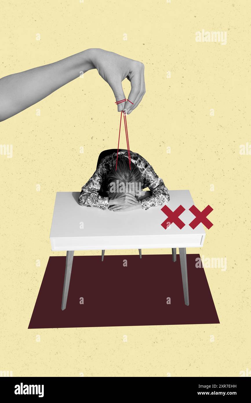 Vertical photo collage of tired business woman put head down hand hold ...