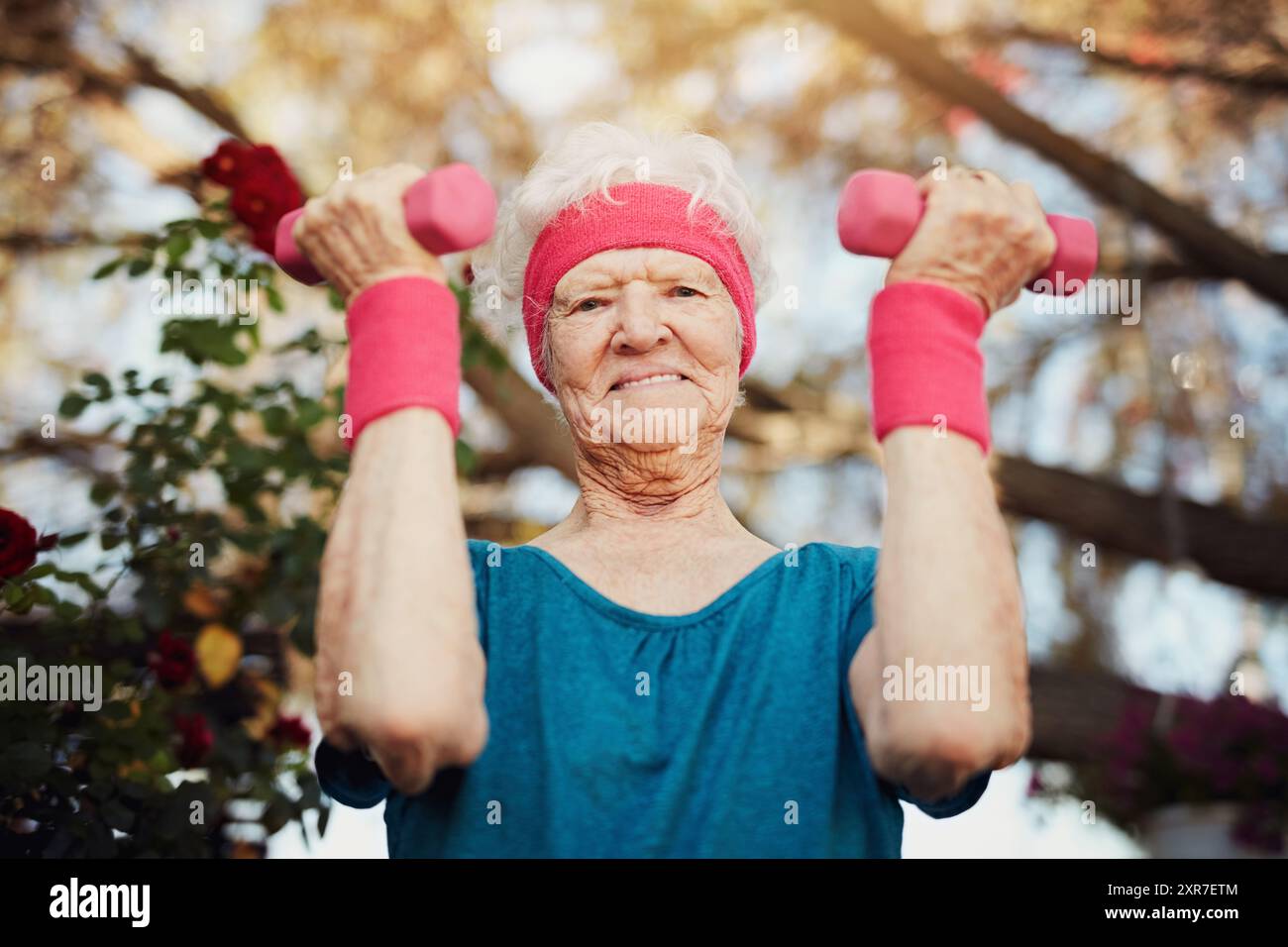 Old woman, portrait and outdoor for dumbbell fitness, nature and ...