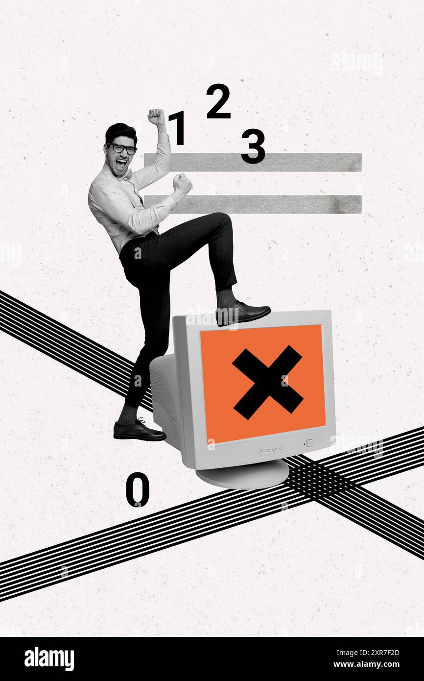 Vertical photo collage of happy it programmer businessman broke ...