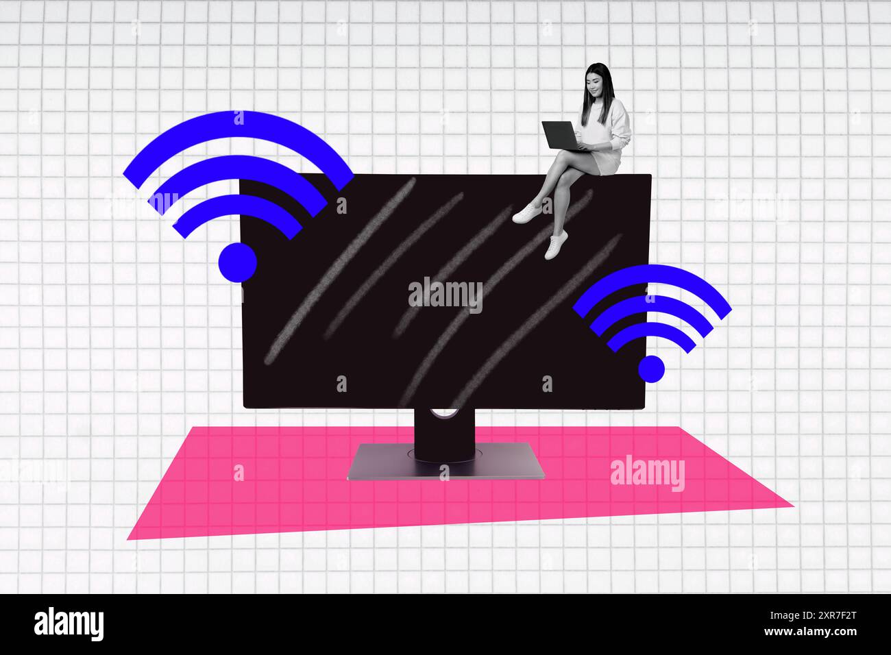 Creative photo collage picture young girl sit pc monitor screen wifi ...