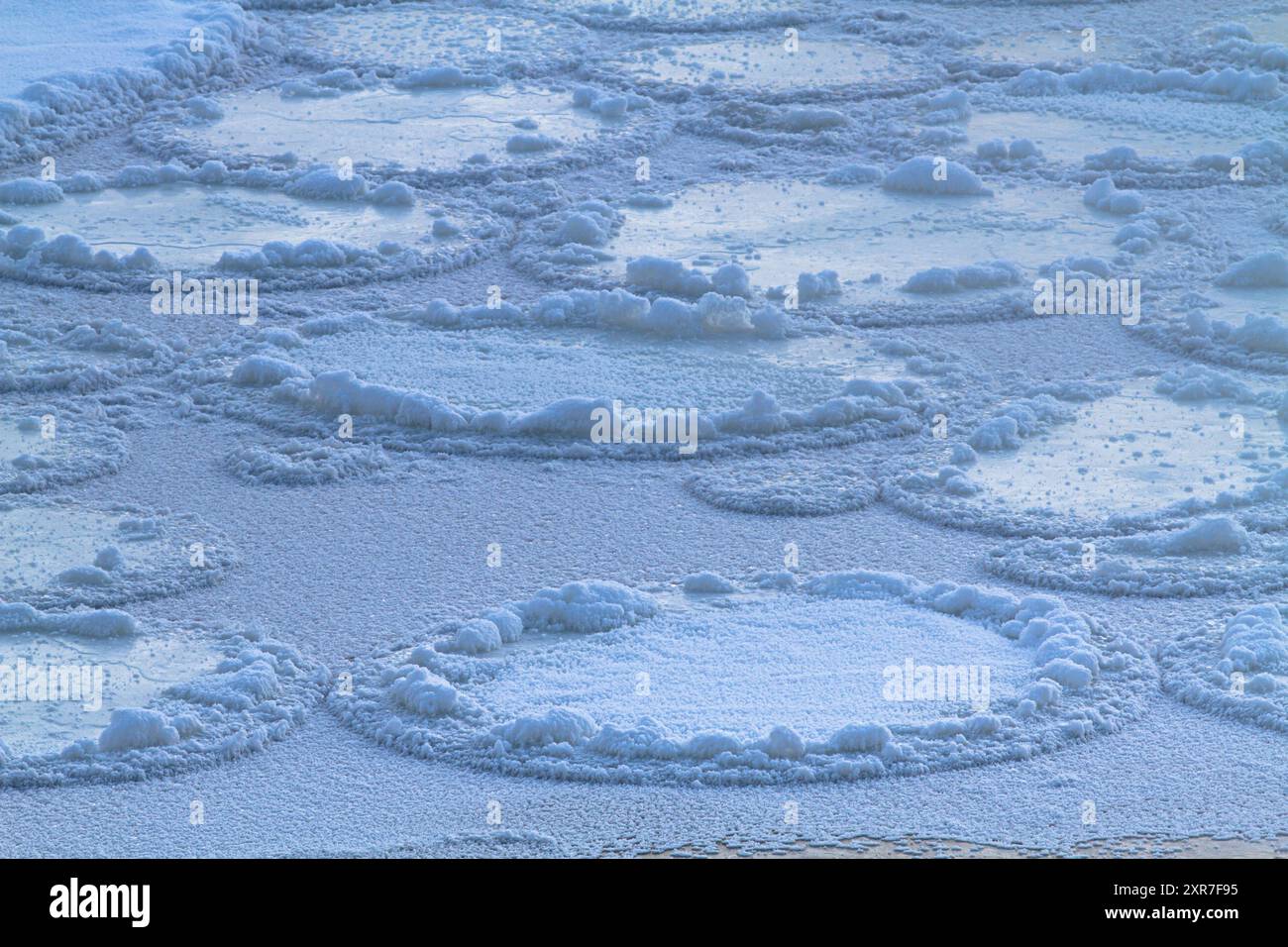 A severe frost turned individual round ice floes on the water into a ...