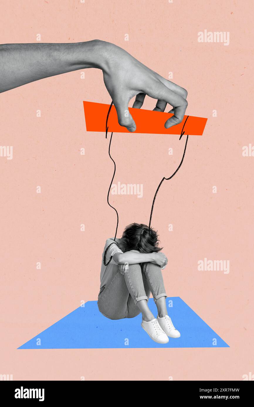 Vertical collage picture young sad depressed girl sit crying wired ...