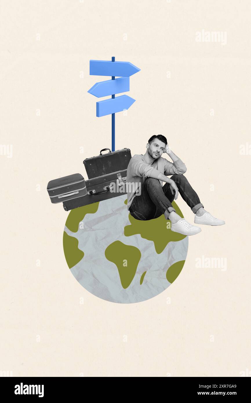 Vertical creative collage image young sad depressed man sit relocation ...
