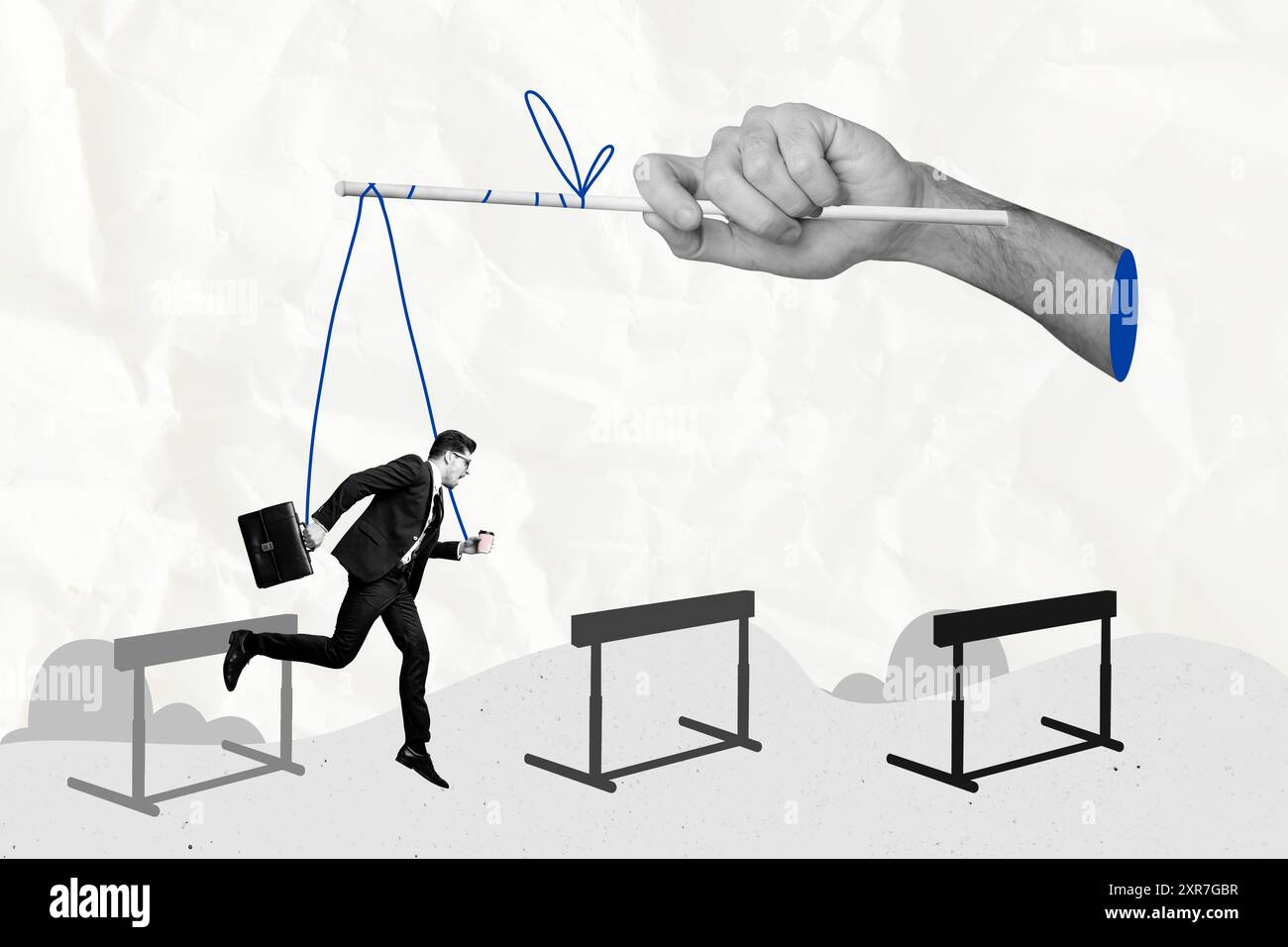 Creative picture collage young businessman hang strings ropes stick 3d ...