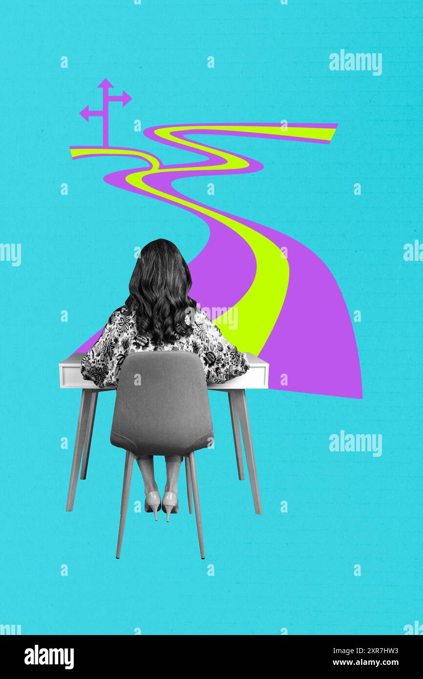 Vertical image collage mature woman sit dilemma employee secretary road ...