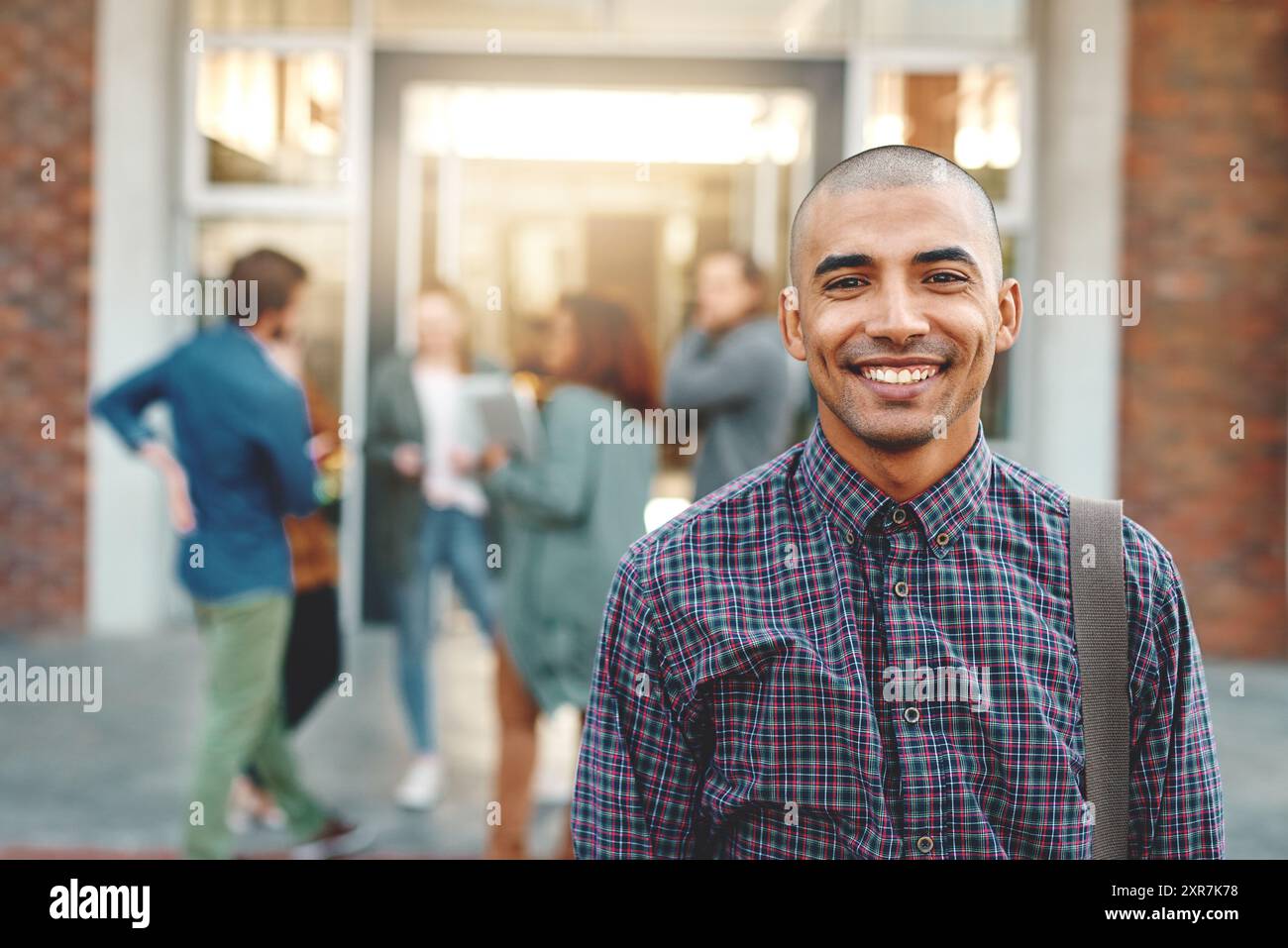 Portrait, happy man or college student on outdoor campus in university ...