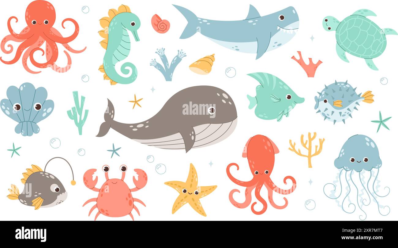 Cute sea animals, underwater creatures, fish Stock Vector Image & Art ...