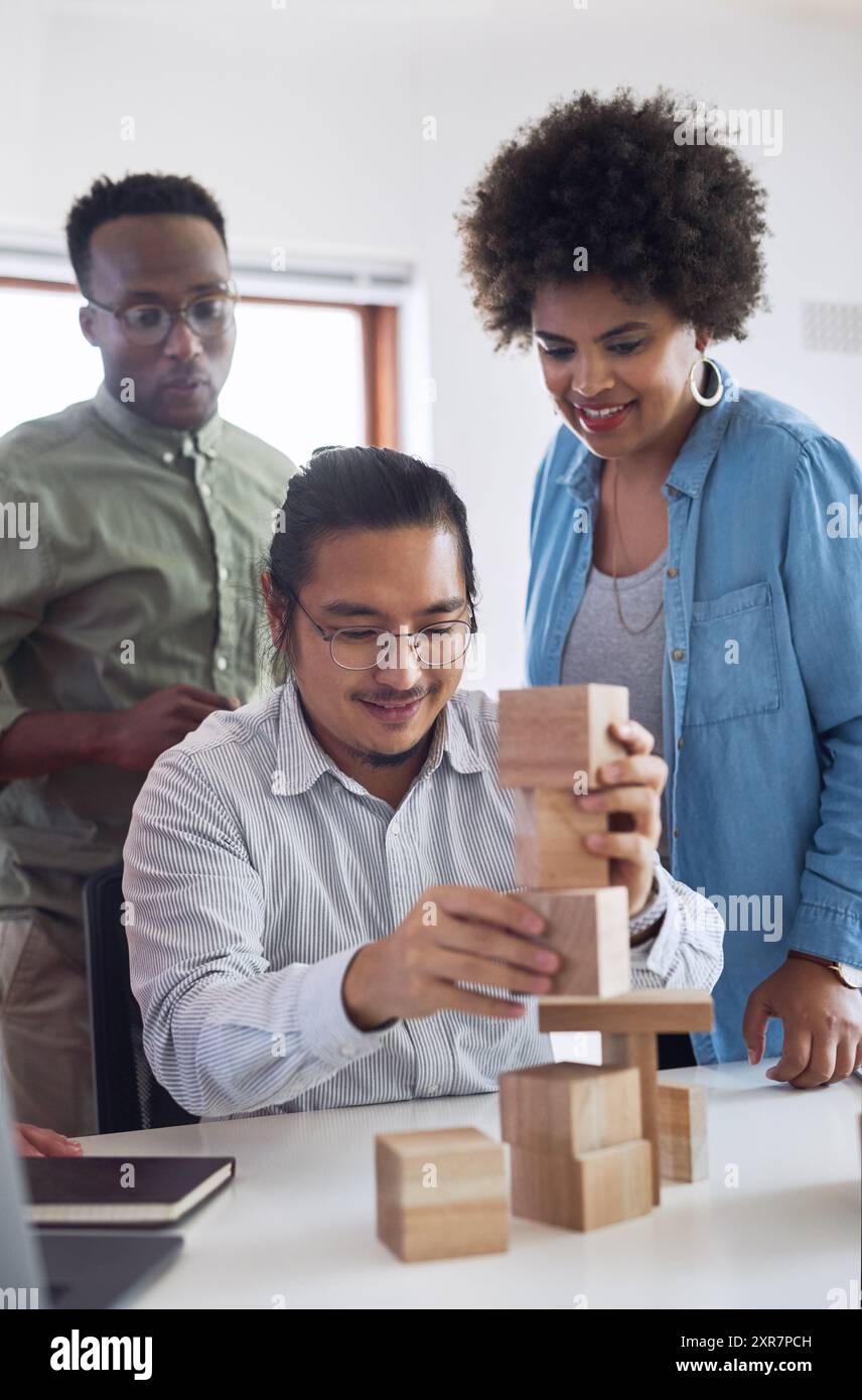 Business people, teamwork and collaboration with building blocks for ...