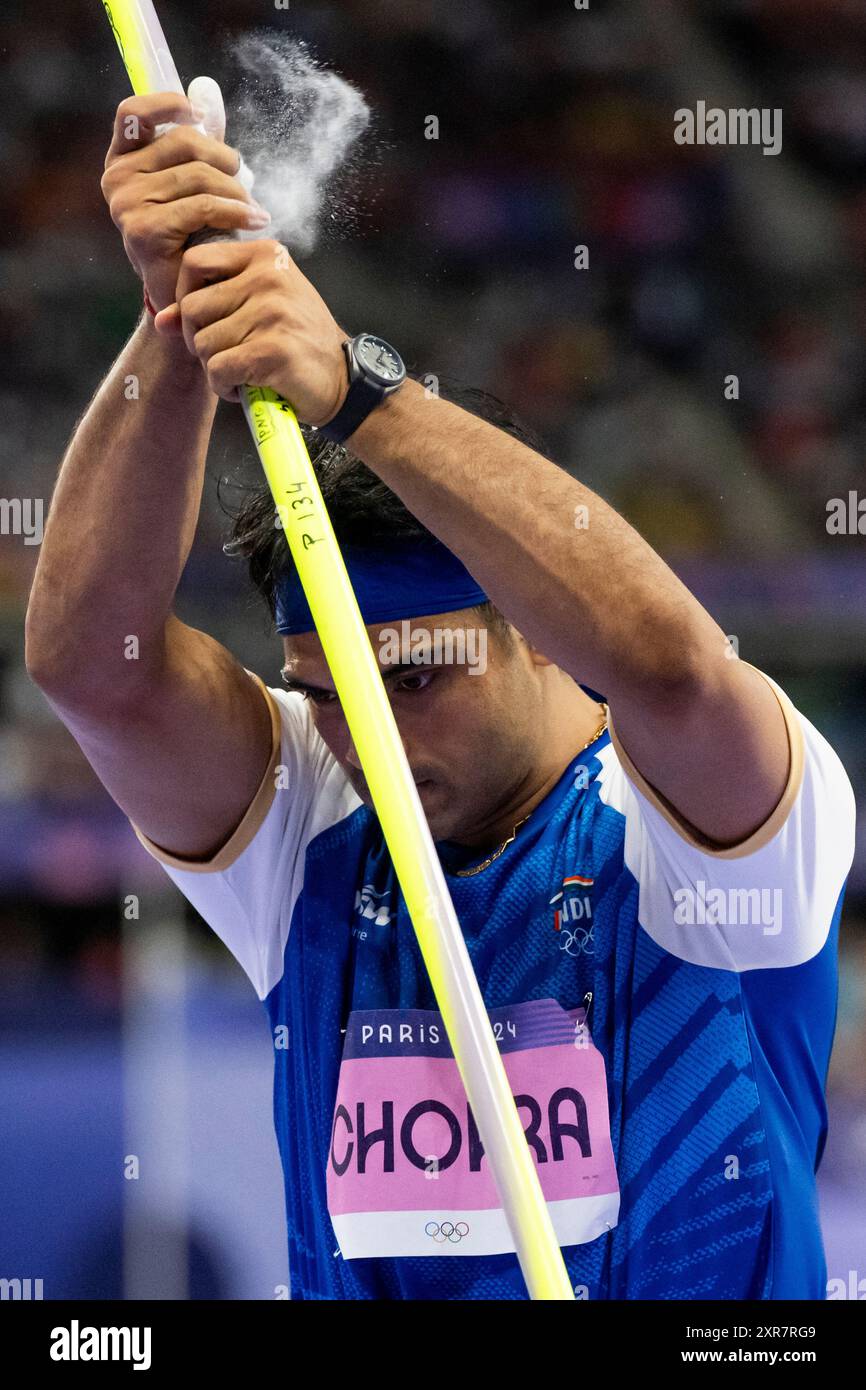 Paris, France. 08th Aug, 2024. Neeraj Chopra of India competes during ...