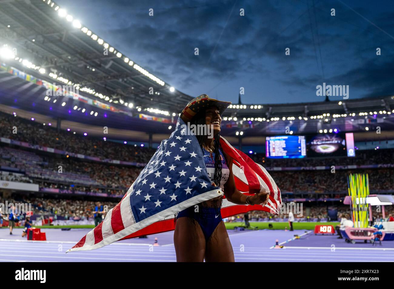 Paris, France. 08th Aug, 2024. Tara Davis-Woodhall (USA) won the Women ...