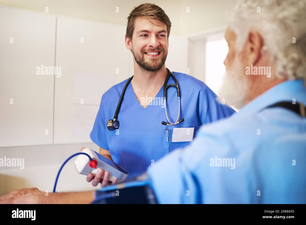 Blood pressure, machine and patient with nurse for checkup, wellness ...